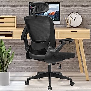 COLOY Ergonomic Office Chair, Breathable Mesh Desk Chair, Lumbar Support Computer Chair with Headrest and Flip-up Arms, Swivel Task Chair, Adjustable Height Gaming Chair(Black)(9060H,Black)