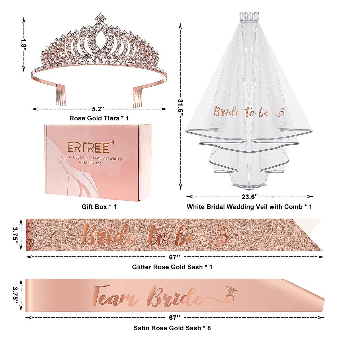 Bachelorette Party Decorations Kit, Bridal Shower Gift Supplies, Rose Gold Bride to Be Bachelorette Sash Veil Crown Tiara for Bride, Team Bride Tribe Sash for Bridesmaids