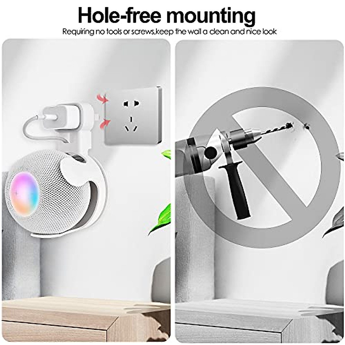 V-MORO HomePod Mini Wall Mount Holder, Outlet Mount Stand Hidden Cable Management for Apple HomePod Mini Smart Speaker Shelf Without Messy Wires Excellent Space Saving Punch-Free 2-Pack White