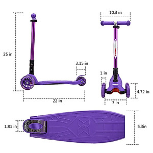 ChromeWheels Scooters for Kids, Deluxe Kick Scooter Foldable 4 Adjustable Height 132lbs Weight Limit 3 Wheel, Lean to Steer LED Light Up Wheels, Best Gifts for Girls Boys Age 3-12 Year Old, Purple