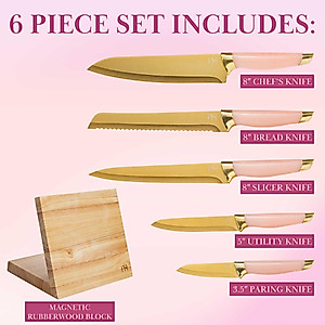 Paris Hilton Knife Block Set with Magnetic Wooden Knife Block, High Carbon Stainless Steel Blades with Titanium Coating, Sleek Comfortable Grip Handles, 6-Piece Set, Pink and Gold