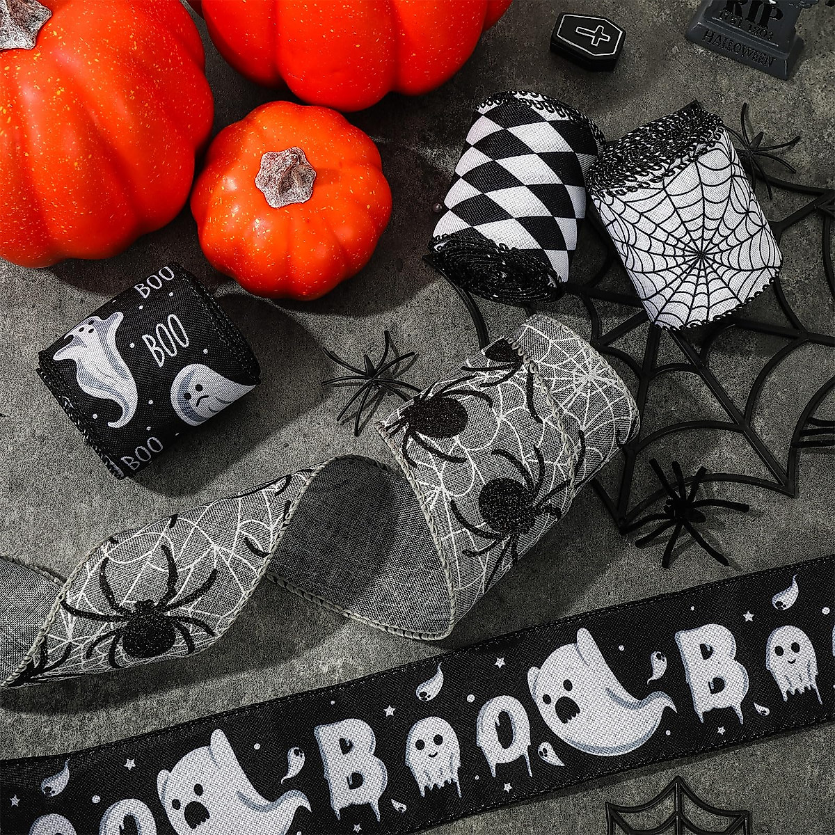 AnyDesign 30 Yards Halloween Wired Edge Ribbon 5 Roll Spooky Boo Ghost Spider Wed Checks Decorative Ribbon Black White Halloween Craft Fabric Ribbon for Wreath Bow Making DIY Gift Wrapping Supplies