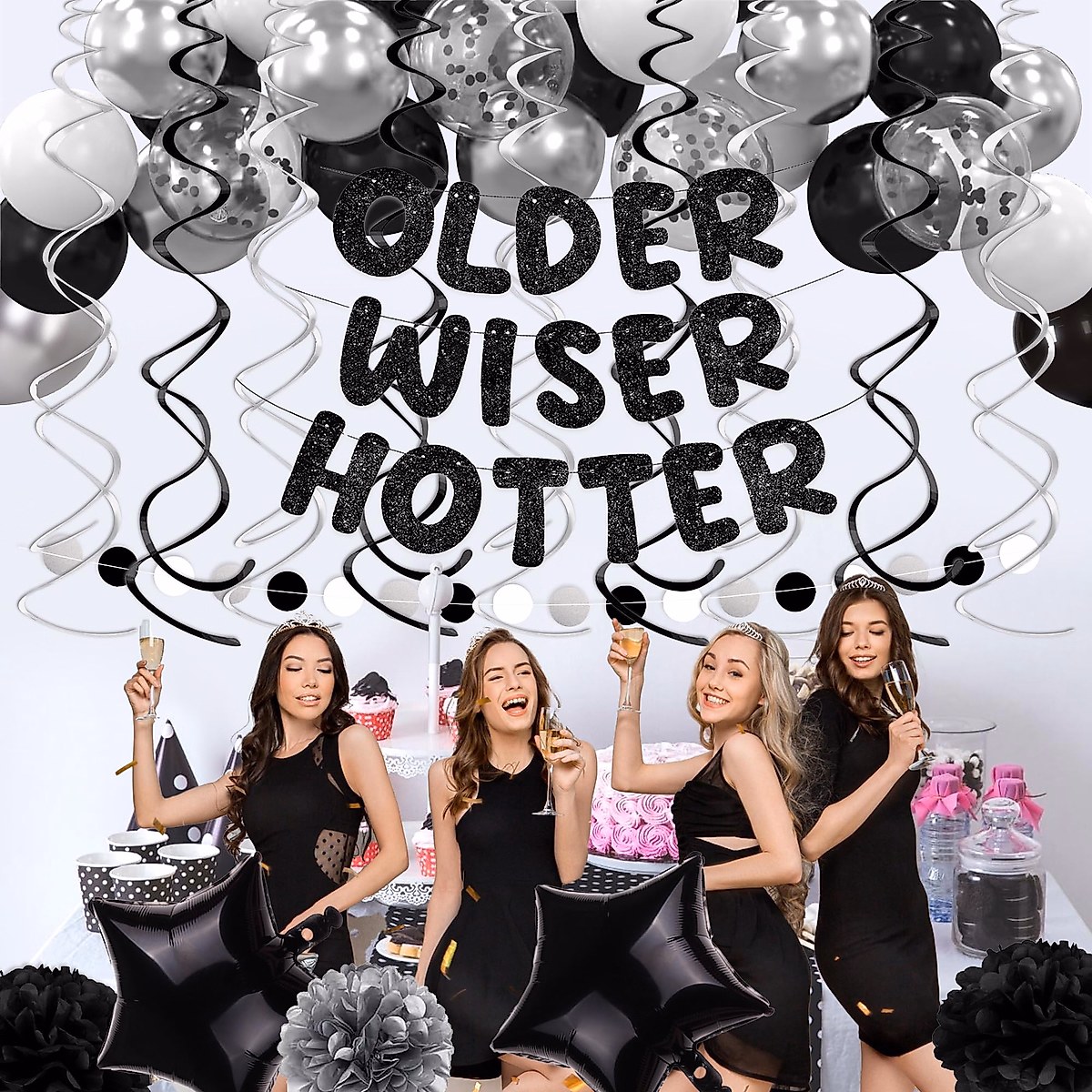 Black and White Birthday Decoration Black and Sliver Party Decorations Birthday Party Decorations for Men Women Banner Balloons Swirls Tissue Pompoms 16th 21st 30th 40th 50th 60th Birthday Supplies