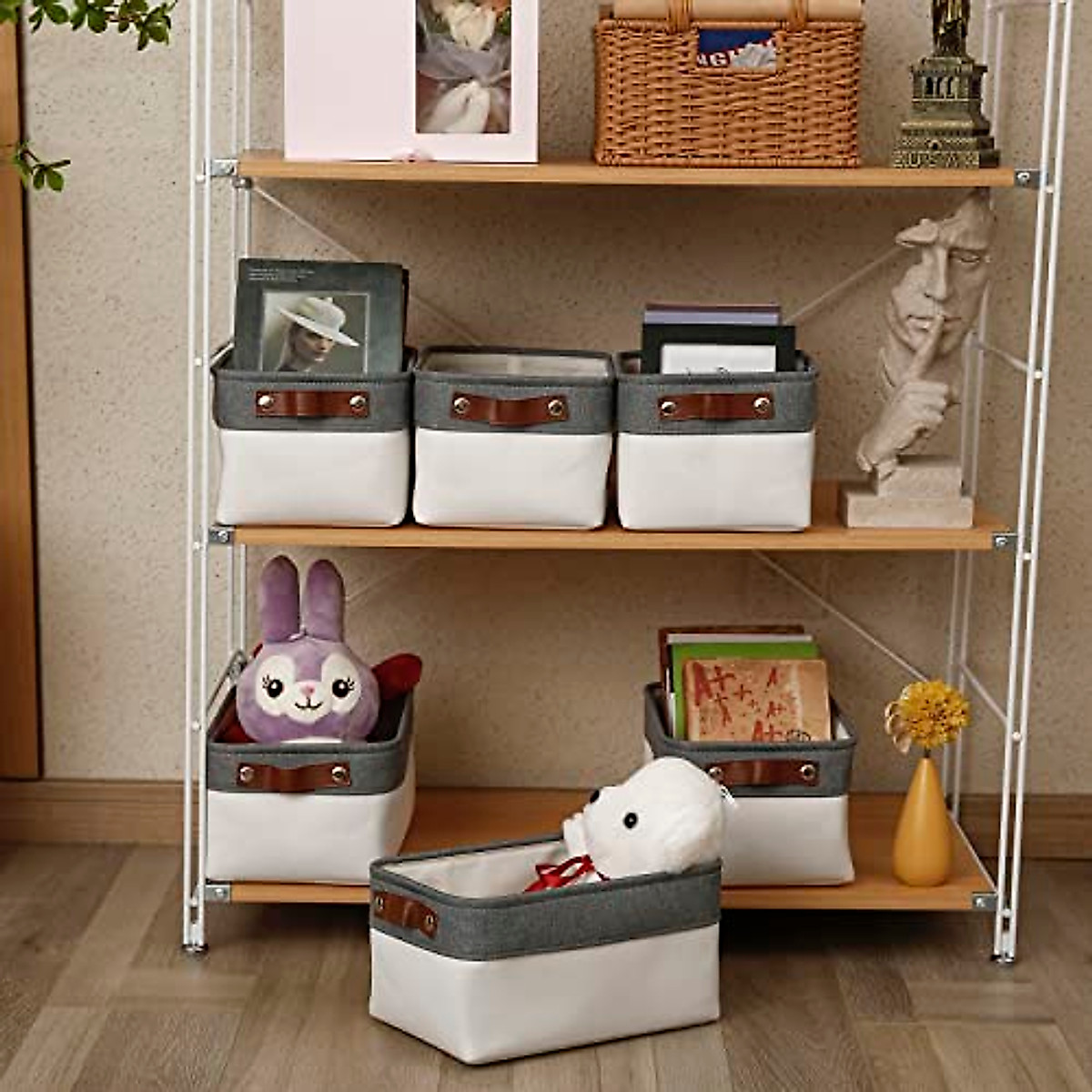 FENQDOOU Storage Bins[6 Pack], Collapsible Fabric Storage Baskets with Handles for Cupboards, Wardrobe, Shelves, Bathroom, Clothes, Toys, Towel (11.8 x 7.8 x 5.9 inches, Gray/ White)