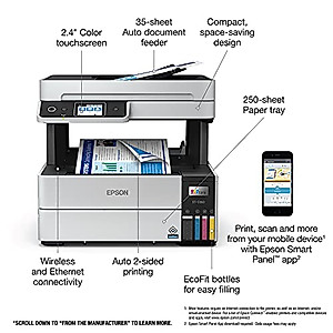 Epson EcoTank Pro ET-5180 Wireless Color All-in-One Supertank Printer with Scanner, Copier, Fax Plus Auto Document Feeder and PCL/Postscript, White