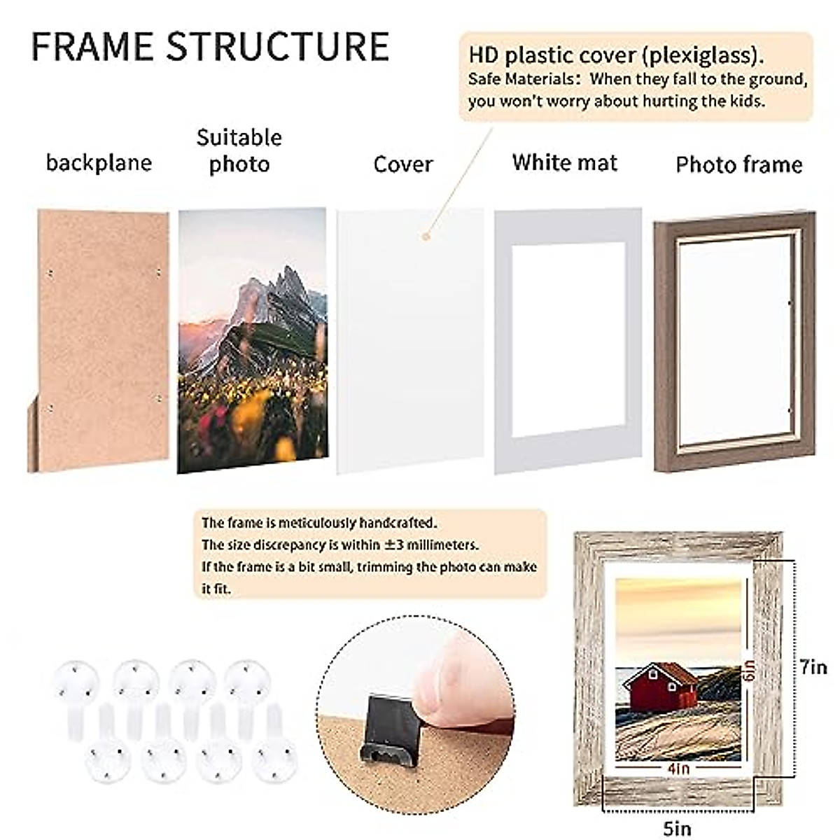 5x7 Picture Frames Set of 8, Rustic Picture Frames Multi Wood Pattern, HD Plastic Cover (Plexiglass) Display Photos 4x6 with Mat or 5x7 Without Mat,Vertical and Horizontal Formats for Wall Hanging and Tabletop Display,Perfect for Rustic Home & Office Deco