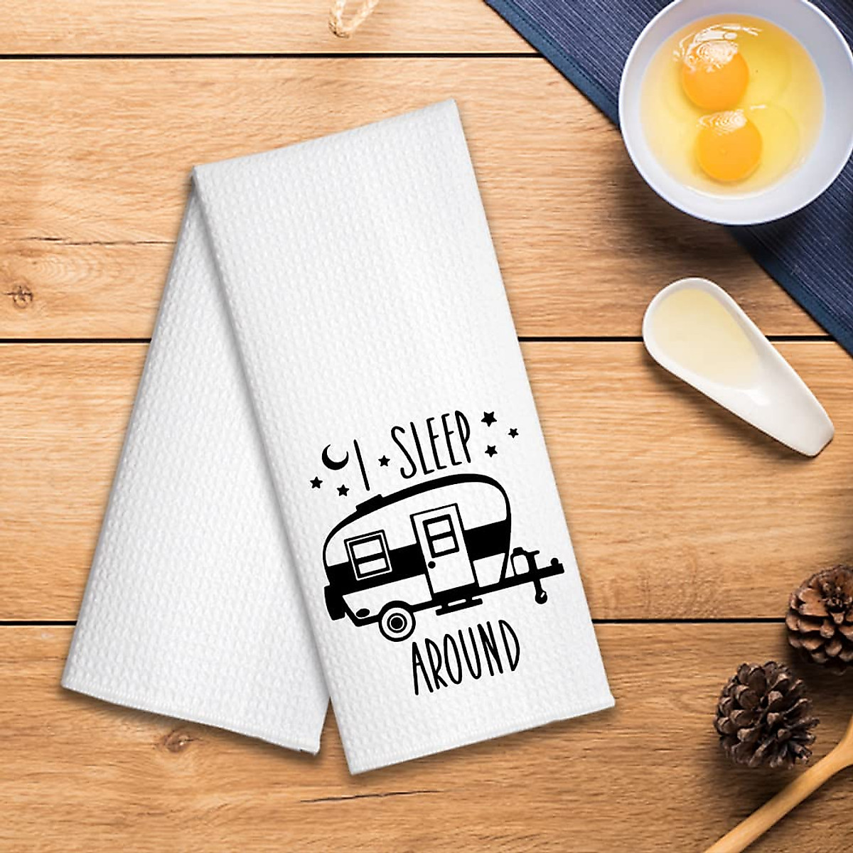 Hafhue I Sleep Around Kitchen Towel, Funny Camping Kitchen Towel Gifts for Women Sisters Friends Mom Aunts, Housewarming Gift for Women Hostess, New Home Gift for Women, Camping Gifts