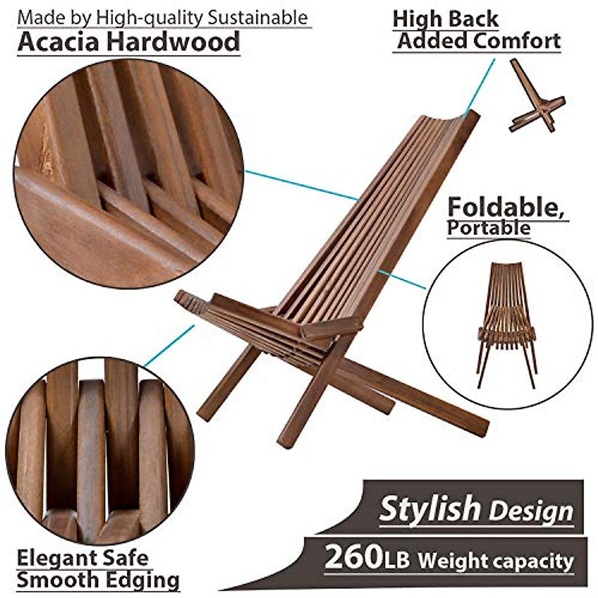 Daxue Folding Garden Chairs Solid Wood Outside Foldable Low Profile Acacia Wood Lounge Chair for Indoor Outdoor Handcrafted Patio Seating No Assembly Required Beach Yard Balcony Furniture