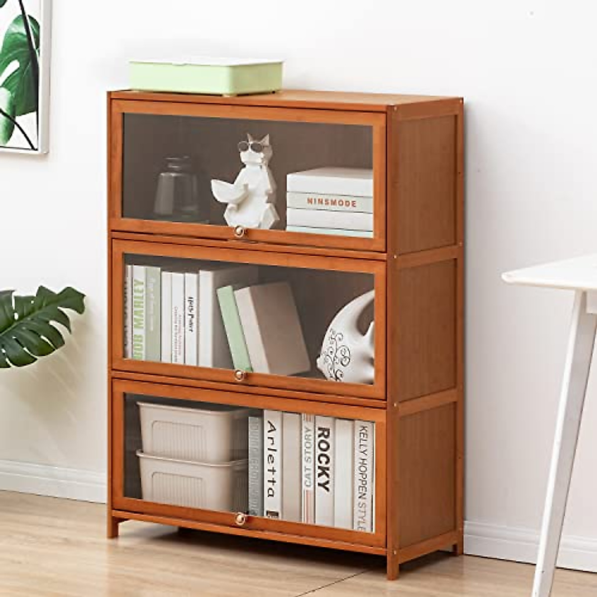 MoNiBloom Bamboo Bookshelf with Acrylic Doors 3 Tier Freestanding Bookcase Storage Stand for Living Room Office Bedroom, Brown