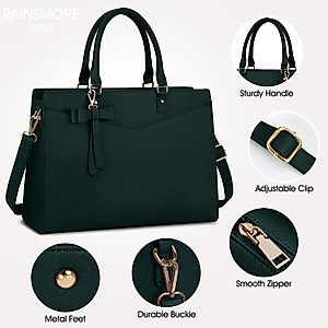 RAINSMORE Laptop Bag for Women 15.6 Inch PU Tote Bag Business Work Bag Waterproof Briefcase Computer Tote Lightweight Handbag Shoulder, Dark Green