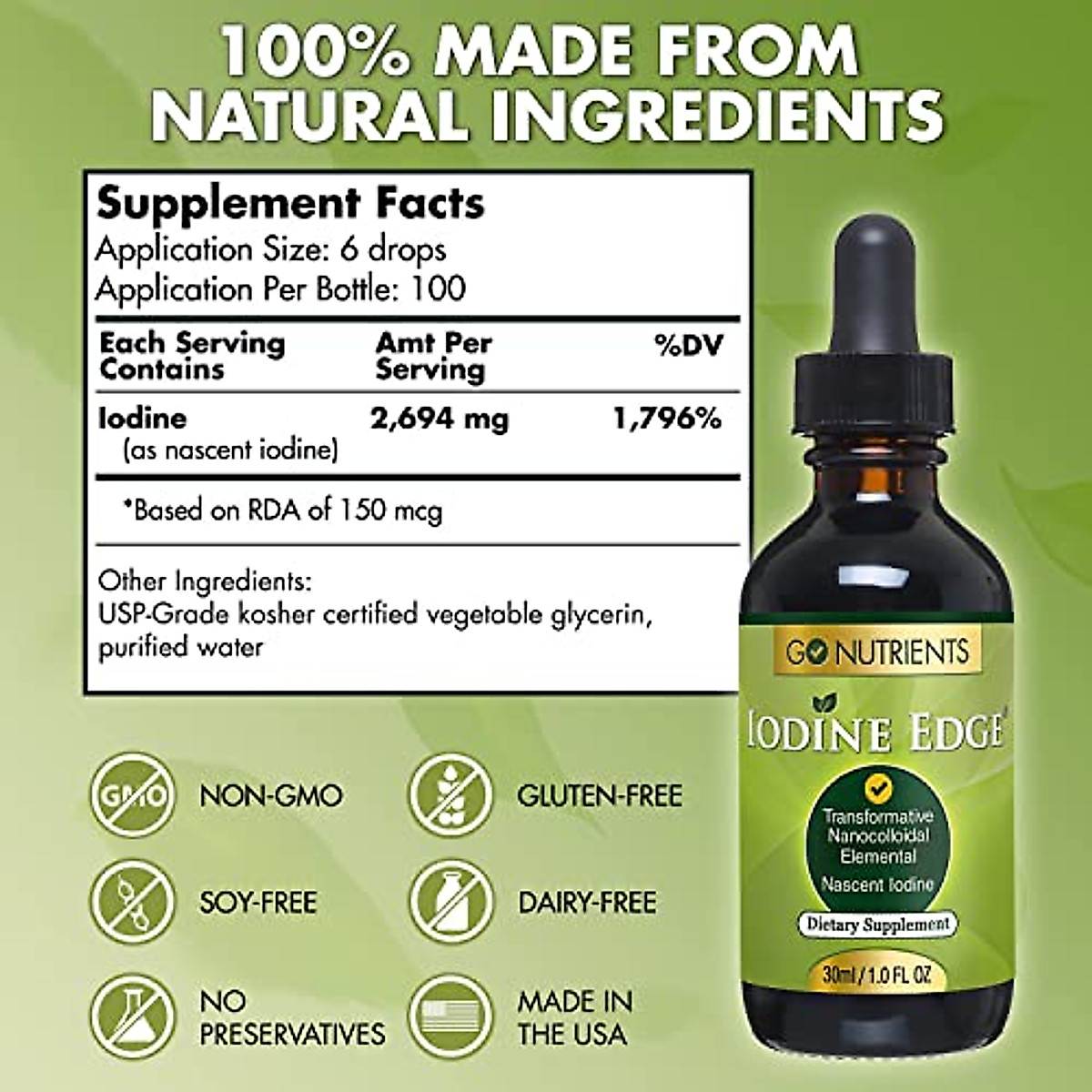 Go Nutrients Nascent Iodine Supplement - High Potency Liquid Drops - Non-GMO, Gluten-Free Iodine Edge Supplement - 30 ml (1.0 fl oz)