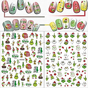 10 Sheets Christmas Nail Art Stickers 3D Nail Art Decals Green Monster Cartoon Nail Decals Self-Adhesive Design Nail Art Supplies Holiday Nail Stickers Winter Christmas Party Nail Decoration for Women