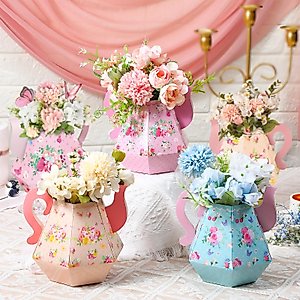 Fulmoon 6 Pcs Tea Party Decorations 6.7'' Flower Boxes Centerpiece Princess Tea Party Centerpieces for Tables Teapot Vase Table Decoration for Floral Tea Themed Birthday Party Baby Shower Wedding