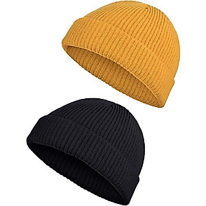 SATINIOR 2 Pieces Winter Short Fisherman Beanie Hat Trawler Beanie Watch Hat Edge Skullcap for Men (Black and Yellow)