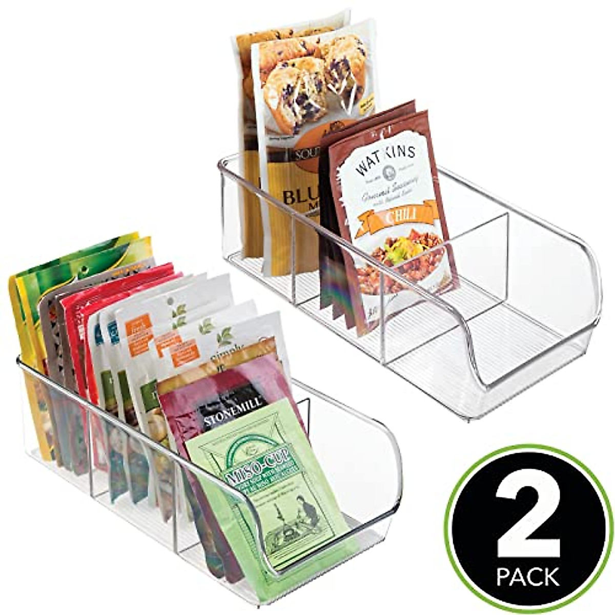 mDesign Plastic Food Storage Bin Organizer with 3 Compartments for Kitchen Cabinet, Pantry, Shelf, Drawer, Fridge, Freezer Organization - Holds Snack Bars - Ligne Collection - 2 Pack - Clear