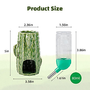 CheeFun Ceramic Hamster Water Bottle: 80ML Adjustable Cactus Water Stand Holder - No Drip Rat Water Bottle for Dwarf Hamster Mice Gerbil Guinea Pig (Light Green)
