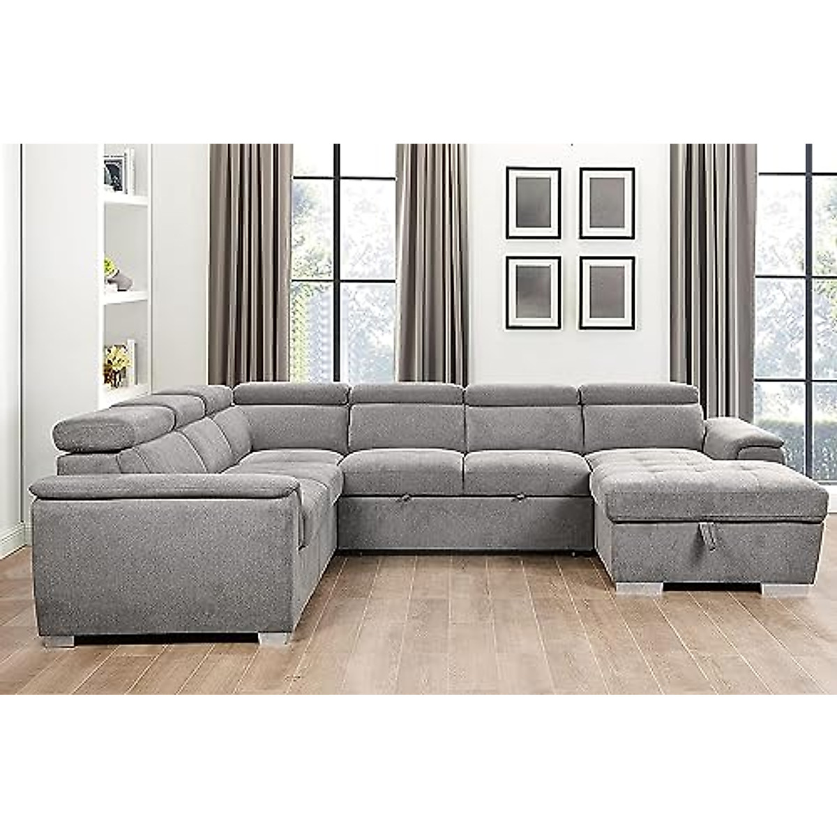 125"w U-Shaped Oversized Modular Sectional Sofa with Pull Out Sleeper Bed Adjustable Headrest and Right Storage Chaise Lounge,Convertible Upholstered Tufted Cushion 7-Seat Sofá&Couch for Large Space