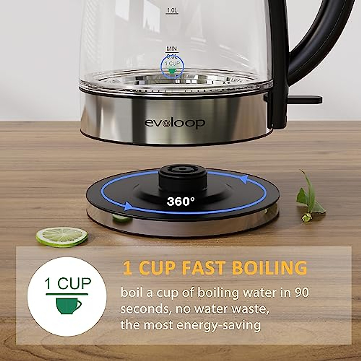 Evoloop Electric Tea Kettle 1.7L Hot Water Boiler, 1500W Glass Water Kettle with Auto Shut-Off & Boil Dry Protection, BPA Free, Cordless Base & LED Indicator