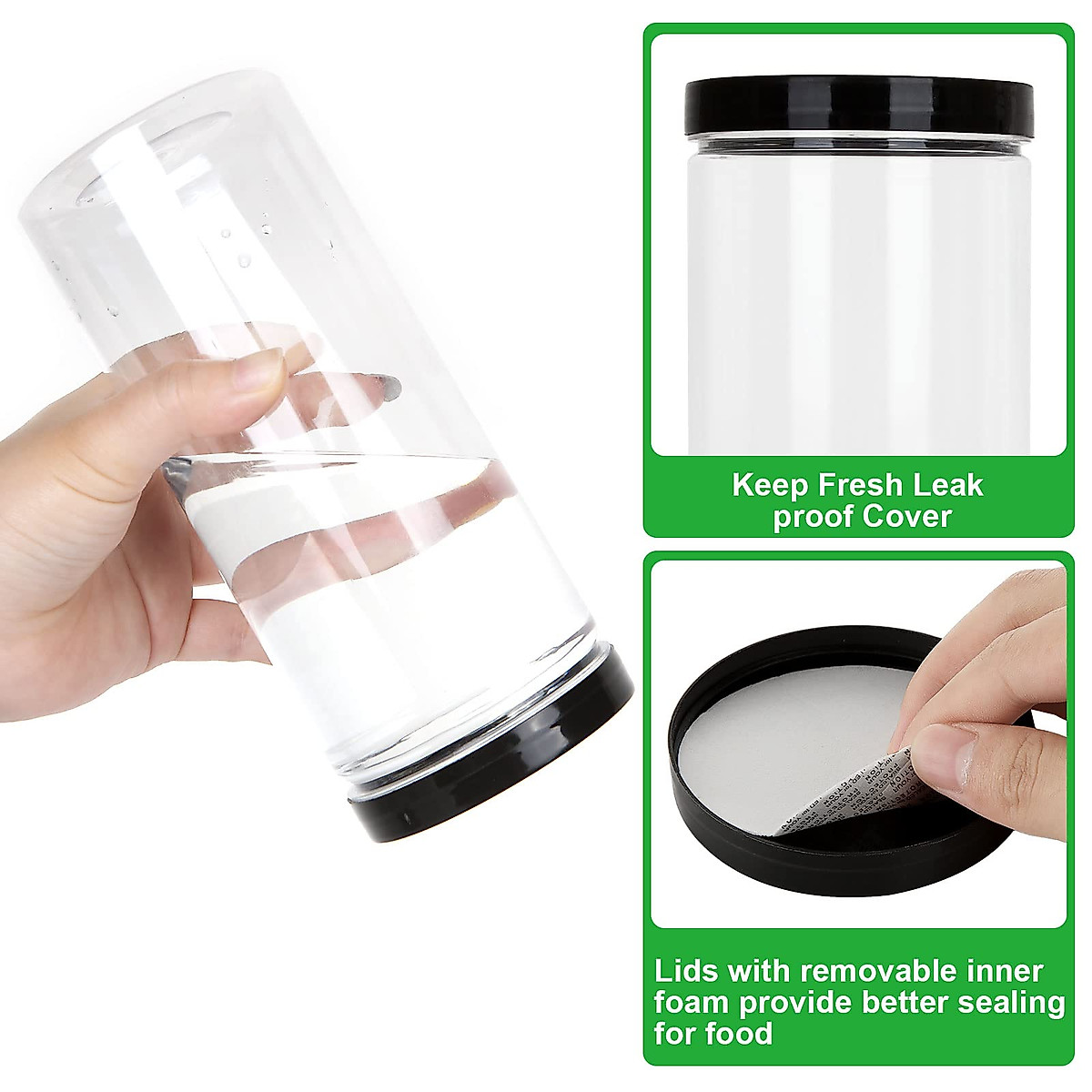 LISHINE 8 Pack 32 oz Plastic Jars with Lids Clear Airtight Food Storage Jars with Lids Reusable Round Empty Plastic Cylinder Container with Black Lids for Kitchen Food & Home Storage of Cookie