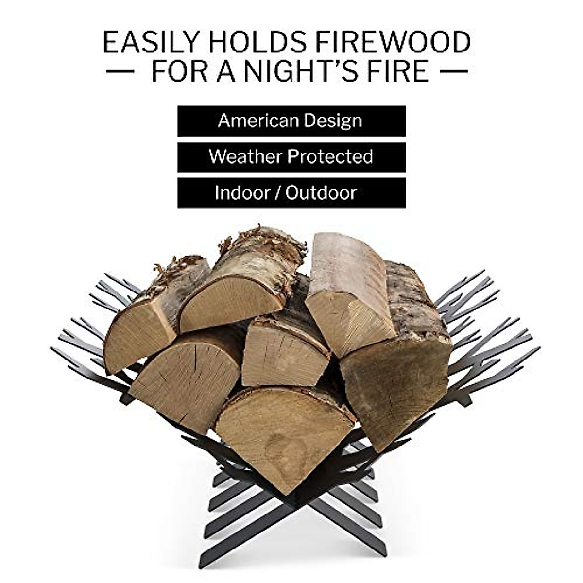 Rustic Fireplace Log and Wood Holder - Indoor, Outdoor, Patio - Gunmetal Grey Decorative Holders - Weather- Resistant Storage Rack For Firewood and Kindling - Artistic Tree Design…