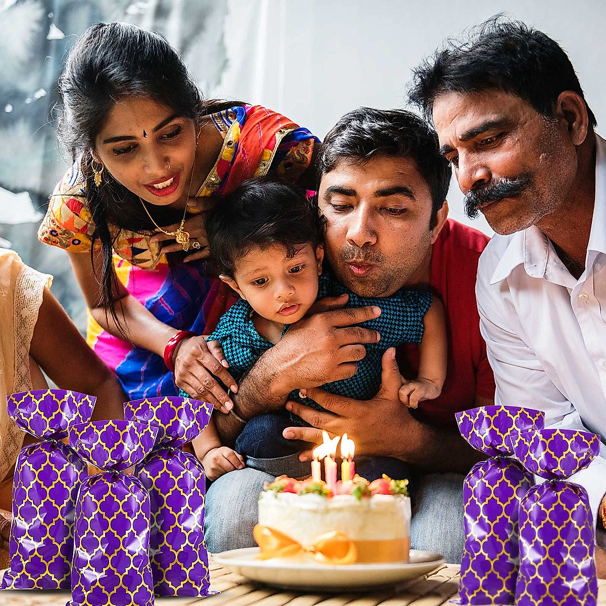 100 Pieces Arabian Nights Cellophane Treat Bags,Eid Mubarak Party Treat Bags,Purple and Gold Goodie Bags with Twist Ties for Arabian Nights Indian Diwali Party Favors