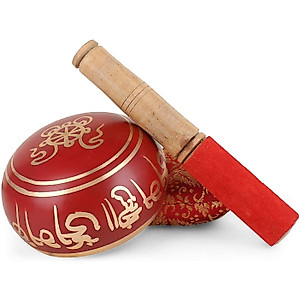 Tibetan Singing Bowl - 4 inch, Red Singing Bowl Set with Beater and Singing Bowl Cushion for Meditation and Yoga