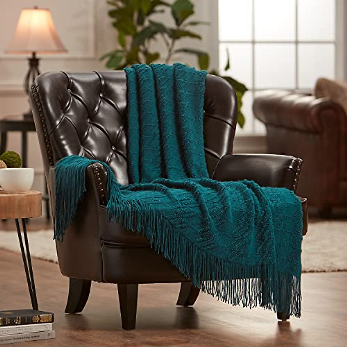 Chanasya Teal Throw Blanket with Tassels - Acrylic Knitted Super Soft Fluffy Warm Cozy Lightweight Chic Boho Blanket for Bed Sofa Chair Couch Cover Living Bed Room (50x65 Inches) Deep Teal