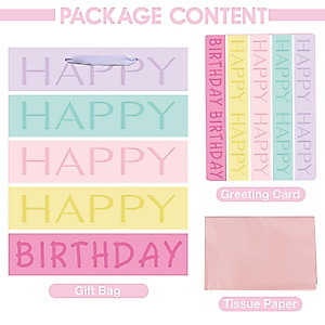 13" Large Happy Birthday Gift Bag with Tissue Paper, Card and Handles for Girls Kids Birthday Party (Rainbow Stripes)