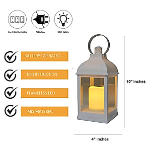 Just in Time for Winter (12 Pc Set) 10" Decorative Lanterns with Flameless LED Lighted Candle, 5 Hr Timer, Antique Look Indoor Outdoor Home, Garden, Weddings - White. Includes Bonus String Lights!