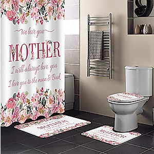 Sabolny 4Pcs Bath Set Home Decor, Watercolor Pink Rose Happy Mother's Day Bathroom Waterproof Shower Curtain with Hook, Non-Slip Rugs, Toilet Lid Cover and U-Shaped Bath Mat