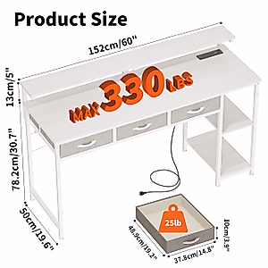 JOISCOPE Home Office Desk with Power Outlets (3AC, USB, Type-C), 60 × 20 Inch Computer Desk with 3 Drawers & Shelves, Laptop Table with Display Riser, Gaming Study Drafting Table for Bedroom, White