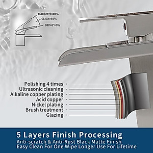 BWE Waterfall Bathroom Faucet Brushed Nickel with Pop Up Drain Stopper Assembly and Supply Line Single Handle for Sink One Hole Faucets Vanity Lavatory Mixer Tap