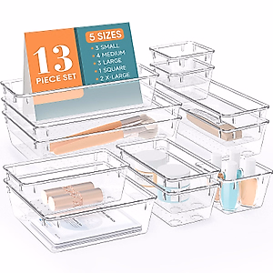 WOWBOX 13 PCS Clear Plastic Drawer Organizer Set, 5 Sizes Desk Drawer Divider Organizers and Storage Bins for Makeup, Jewelry, Gadgets for Kitchen, Bedroom, Bathroom, Office