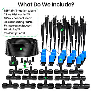 MIXC 65FT Greenhouse Watering System- Quick Efficient Connector Hanging Plant Watering System Automatic Mist Irrigation Kit with 1/4" Blank Tubing and Misting Nozzles