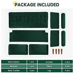 Green Couches for Living Room 69 inch, Mid Century Modern Velvet Love Seats Sofa, Upholstered 3-Seater w/Armrest for Bedroom, Apartment, Home Office