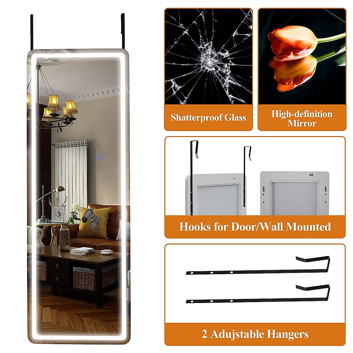 NeuType Full Length Mirror with Lights, 47"x16" LED Full Length Mirror, Over The Door Lighted Mirror with 2 Hangers, Dimmable Brightness & 3 Color, Wall Mirror for Bedroom, No Battery Required, White