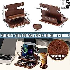 Solid Wood Phone Docking Station for up to 3 Phones - Nightstand Organizer for Men & Women Holds Multiple Phones, Tablets, Apple Watch & More - Neatly Stores Keys, Rings, Glasses & EDC, Brown