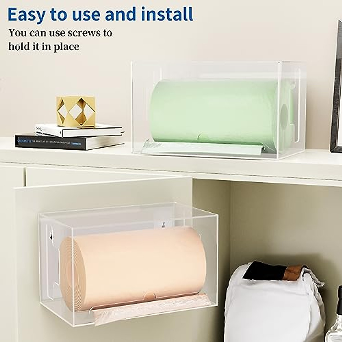 Trash Grocery Bag Dispenser Roll Holder, Clear Acrylic Plastic Bag Holder Wall Mount Organizer, for Plastic Trash Grocery Garbage Bags Dispenser Container, Kitchen Under Sink Organizers and Storage