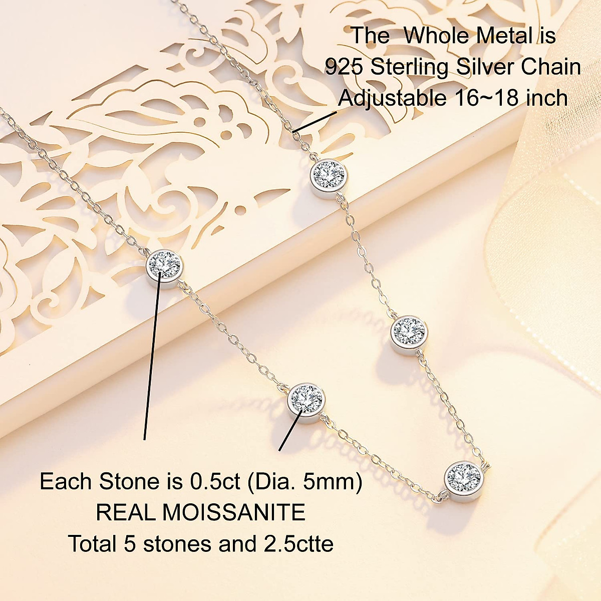 5CT Tennis Moissanite Necklace Chain for Women, 5 Stones 925 Sterling Silver D Color Ideal Cut Diamond Necklace for Women with Certificate of Authenticity (5ct, Classic 5 Stones)