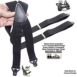 HoldUp Brand Classic Series Black 1 1/2" Suspenders for Men with USA Patented Black Gripper Clasp