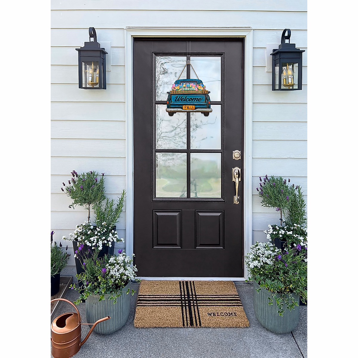 Interchangeable Welcome Sign for Front Door Blue Farmhouse Truck Decor Hanging Sign with 11 Interchangeable Seasonal and Holiday Decor Signs 12x14 in. (Blue Farmhouse Truck)