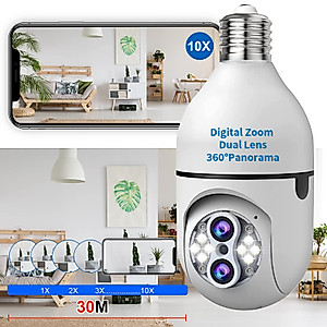 Light Bulb Security Camera, Upgrade 10X Digital Zoom Light Bulb Camera, WiFi Dual Lens Indoor Outdoor Light Socket Security Camera with APP/Color Night Vision/Motion Tracking/Two-Way Audio