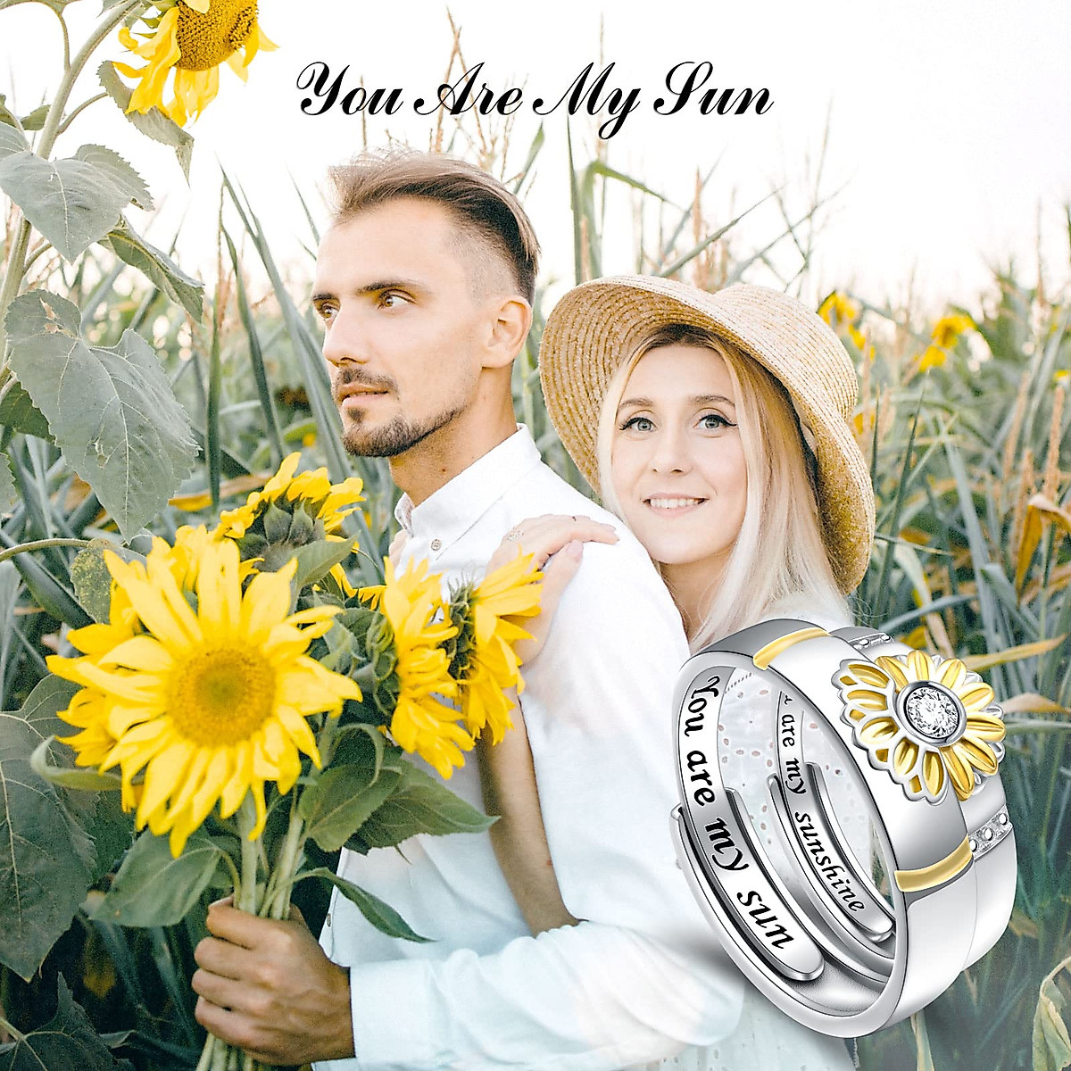 Matching Sunflower Promise Sterling Silver Rings for Couples You Are My Sun Sunshine Engagement Wedding Ring Band Sets for Him and Her