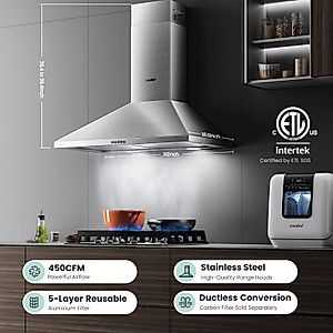 COMFEE' CVP30W6AST Ducted Pyramid Range 450 CFM Stainless Steel Wall Mount Vent Hood with 3 Speed Exhaust Fan, 5-Layer Aluminum Permanent Filters, Two LED Lights, Convertible to Ductless, 30 inches
