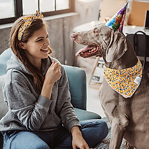 E-Clover Dog Bandanas & Matching Scrunchie Set Girl Flower Dog Scarf Bibs with Hair Tie Headbands for Medium Large Dogs Owner Mom Outfit Yellow