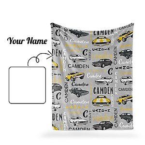 ZOTIMEF Custom Name Car Blanket for Kids - Multi-Fonts Names with Cars Theme Design - Personalized Soft Plush Flannel Blanket for Boys Girls Holidays Birthdays Gifts Grey & Yellow