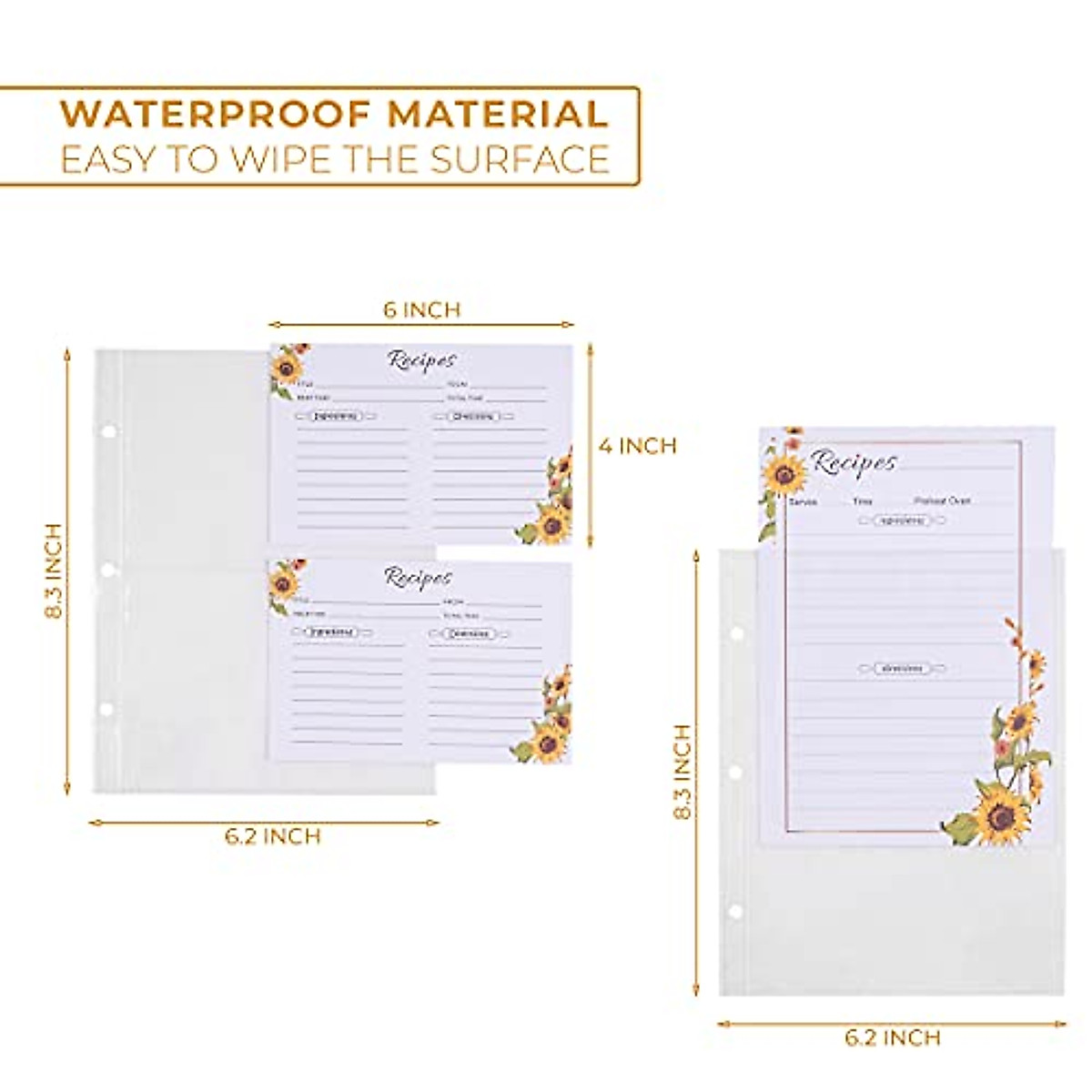 KitchenMania Sunflower Recipe Binder Kit, 8.5x9.5 Recipe Ring Binder 3 Ring Organizer Set with 50 Recipe Cards 4x6 Double Sided, 12 Category Dividers Tabs and Page Protectors