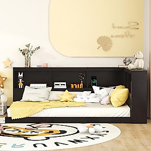 RORIGAT Wooden Twin Size Daybed with Storage Cabinet and USB Ports,Floor Day Bed Frame w/L-Shaped Bookcase Shelves,for Bedroom Living Room, Espresso