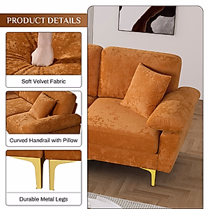 OUYESSIR L Shaped Sectional Sofa Couch, 88" Upholstered Velvet 3 Seat Sofa with Ottoman and Pillows, Comfy Couch Sleeper for Living Room, Bedroom (Orange)