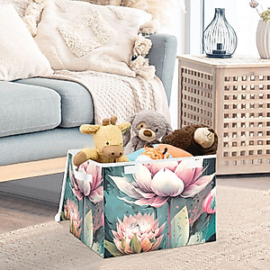 Vnurnrn Collapsible Storage Bin with Lid (Beautiful Lotus), Foldable Storage Boxes Cube with Lid for Clothes Toys 16.5×12.6×11.8 Inch